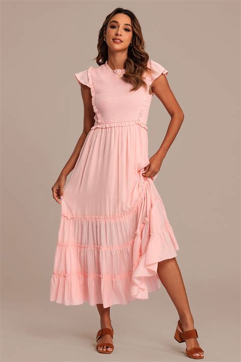 Light Pink Short Sleeve High Neck Smocked Ruffle Tiered Maxi Dress