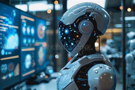 ai robots with screens displaying real time data analysis and learning