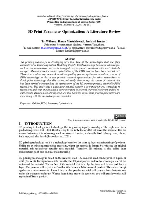 Pdf 3d Print Parameter Optimization A Literature Review