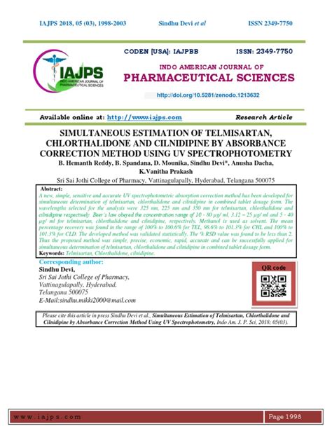 Simultaneous Estimation Of Telmisartan Chlorthalidone And Cilnidipine By Absorbance Correction