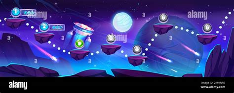 Space Game Level Map With Ufo Saucer Fly Over The Rock Platforms On Alien Planet Landscape