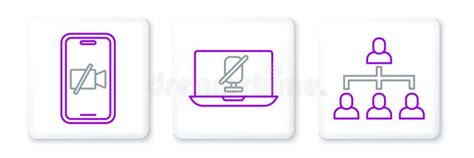 Set Line Hierarchy Organogram Chart Video Camera Off On Mobile And Mute Microphone Laptop Icon