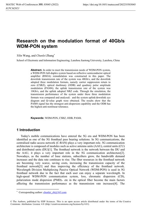 Pdf Research On The Modulation Format Of 40gbs Wdm Pon System