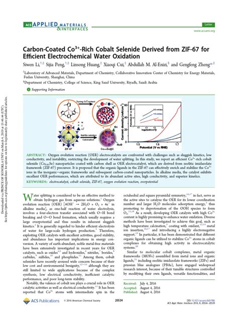 Carbon Coated Co Rich Cobalt Selenide Derived From Zif 67 For E Cient