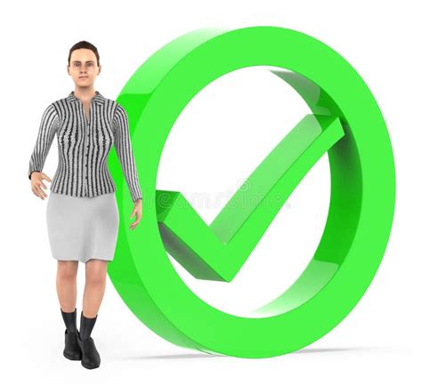 D Character Women Sitting Next To A Tick Mark Sign Bounded By A Circle Inside A Curved Edge