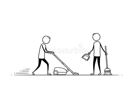 Two Stick Figures Cleaning With Vacuum And Broom On White Background