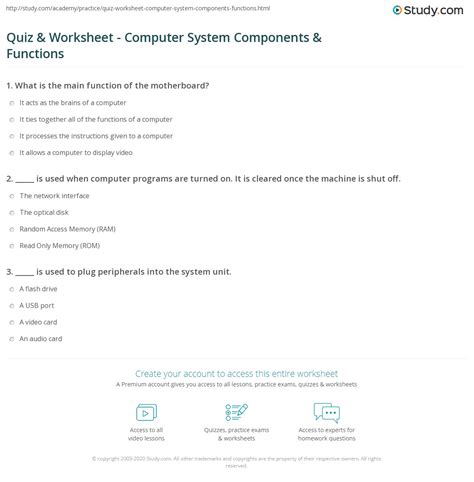 quiz and worksheet computer system components and functions