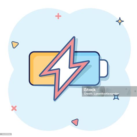 만화 스타일의 배터리 아이콘 흰색 격리 된 배경에 누적 만화 벡터 그림 에너지 충전기 스플래시 효과 비즈니스 컨셉 가득 찬에
