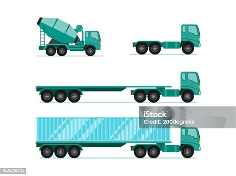 트럭 그림을 설정합니다 컨테이너 긴 차량 평면 디자인 스타일 벡터 일러스트와 함께 시멘트 믹서 트럭 트레일러 건설업자에 대한