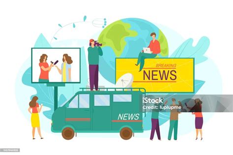 기자 플랫 Tv 카메라 벡터 일러스트레이션의 속보 기자 언론 매체 컨셉 남자 여성 캐릭터 개념에 대한 스톡 벡터 아트 및 기타 이미지 Istock