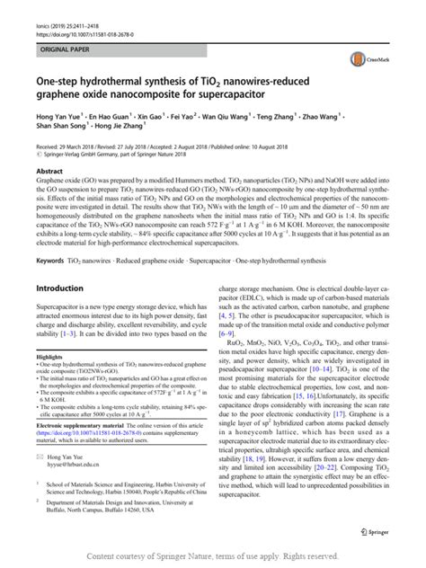 One Step Hydrothermal Synthesis Of Tio2 Nanowires Pdf Graphene