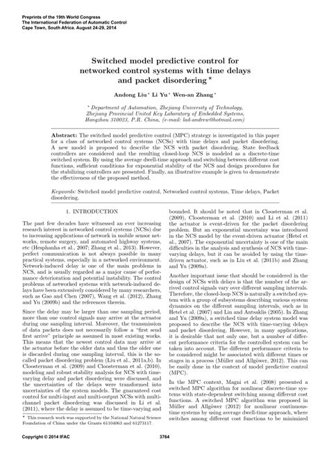 Pdf Switched Model Predictive Control For Networked Control Systems With Time Delays And