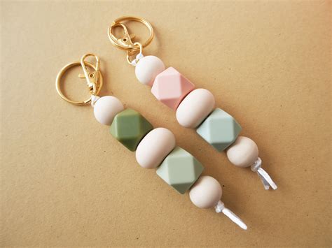 Keychain Silicone Bead Keychain Green And Sage Peach And Etsy