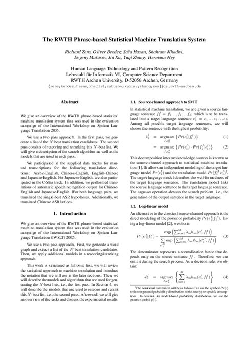 Pdf The Rwth Phrase Based Statistical Machine Translation System