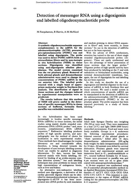 Pdf Detection Of Mrna Using A Digoxigenin End Labelled Oligodeoxynucleotide Probe