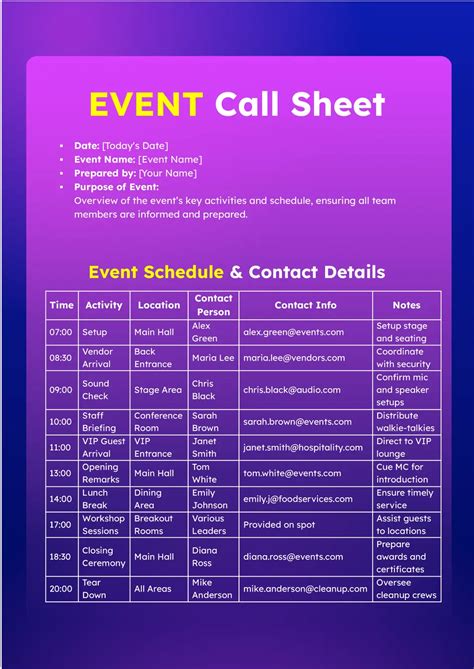 Free Event Call Sheet Template For Google Docs