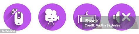 긴 그림자무선 컴퓨터 마우스 복고풍 시네마 카메라 키보드 및 스피커 음소거 아이콘을 설정합니다 벡터 아이콘에 대한 스톡 벡터 아트 및 기타 이미지 Istock