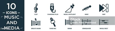 채워진 음악 및 미디어 아이콘 세트입니다 플랫 음자리표 충전 플러그 음악 스포트라이트 오보에 건너뛰기 호흡 표시 핸드 마이크