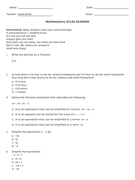 mathematics test 1 pdf variable mathematics area