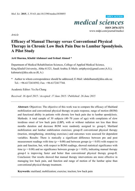 Pdf Efficacy Of Manual Therapy Versus Conventional Physical Therapy