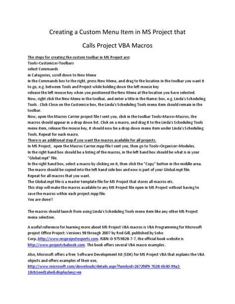 Creating A Custom Menu Item In Ms Project Pdf Visual Basic For