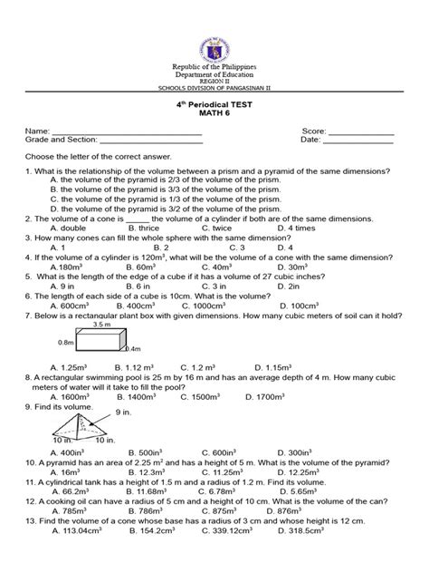 Summative Test Mathematics 6 Q4 V1 Pdf Volume Odds