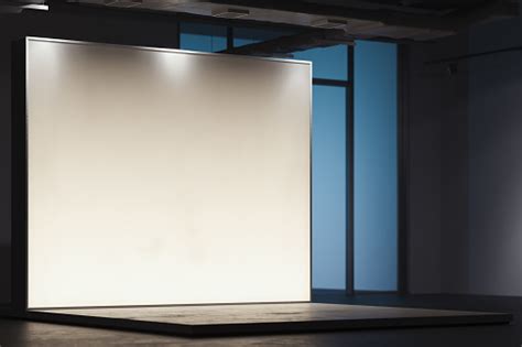쇼룸 3d 렌더링에 조명 빈 흰색 캔버스 플래카드 또는 광고판이나 벽 0명에 대한 스톡 사진 및 기타 이미지 0명 간판 공란 Istock