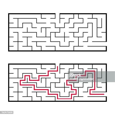 입력 및 출구가 있는 검은색 직사각형 미로 아이들을위한 흥미롭고 유용한 게임 흰색 배경에 격리 된 간단한 평면 벡터 그림입니다 대답과 함께 개념에 대한 스톡 벡터 아트 및