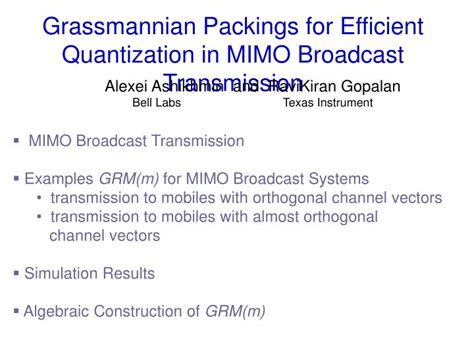 ppt grassmannian packings for efficient quantization in mimo