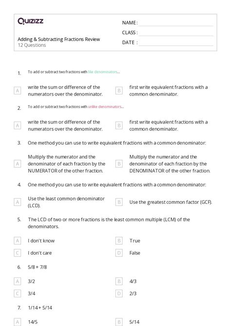 50 Subtracting Fractions With Like Denominators Worksheets For 6th Class On Quizizz Free