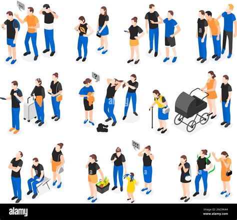 Queue Isometric Icon Set Different Types Of Queues And Different Relationships Between People