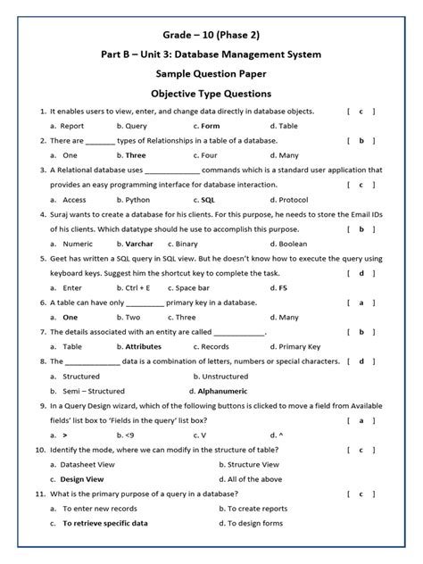 Sample Paper Questions On Database Management System Pdf Databases Sql