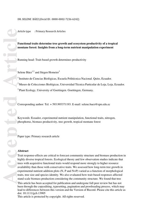 Pdf Functional Traits Determine Tree Growth And Ecosystem Productivity Of A Tropical Montane