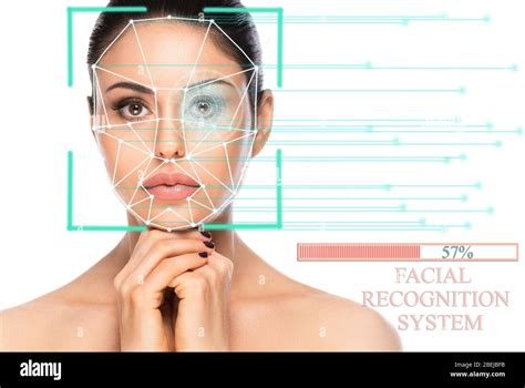 Biometric Authentication Concept Facial Recognition System Of Beautiful Woman On White