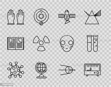 세트 라인 박테리아 전기 측정 기기 위성 지구 지구 고무 장갑 방사성 테스트 튜브 및 플라스크 화학 실험실 아이콘 벡터 검은색에