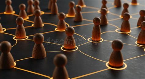 Wooden Figures Connected By Glowing Lines Representing Networking Stock