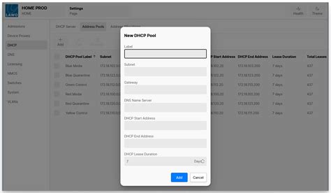 HOME Settings DHCP