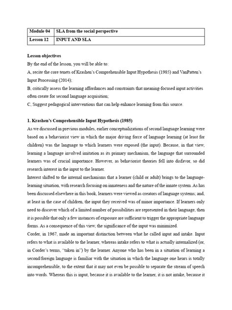 Lesson 12 Input And Sla Pdf Language Acquisition Second Language