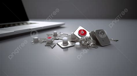3d 렌더링에서 노트북 핀과 Pinterest 사각형 배지가 있는 회색 배경 핀터레스트 소셜 네트워크 마케팅 3d 배경 일러스트 및 사진 무료 다운로드 Pngtree
