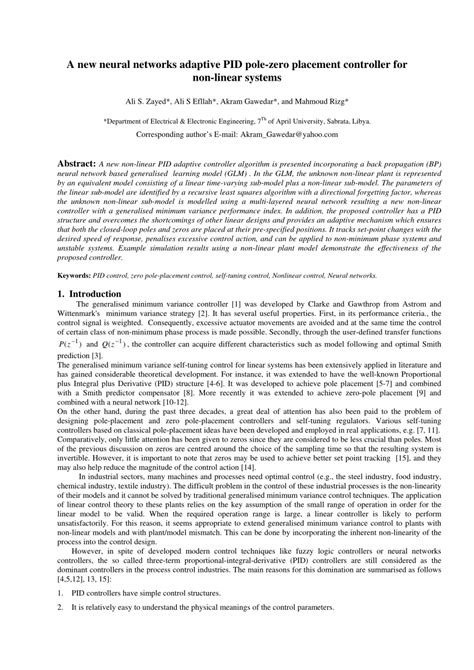 Pdf A New Neural Networks Adaptive Pid Pole Zero Placement Controller For Non Linear Systems