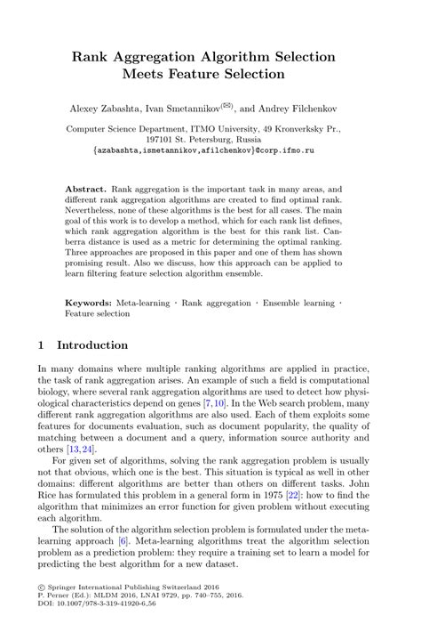 Pdf Rank Aggregation Algorithm Selection Meets Feature Selection