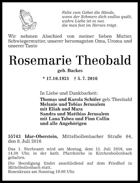 Traueranzeigen Von Rosemarie Theobald Rz Trauer De