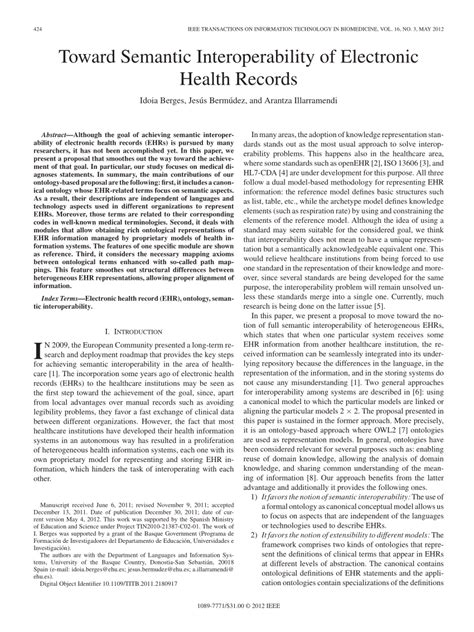 Pdf Toward Semantic Interoperability Of Electronic Health Records
