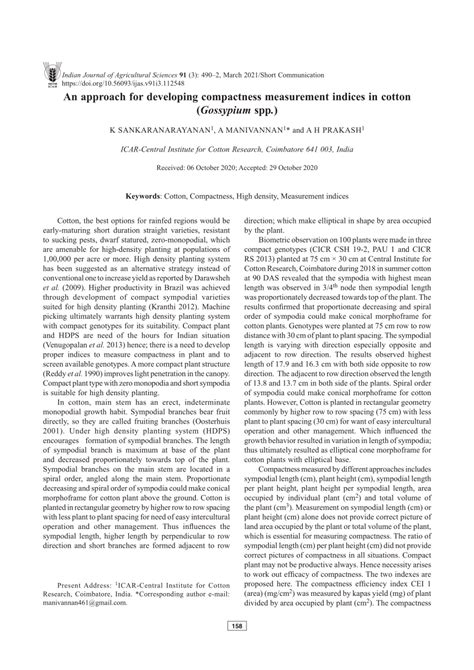 Pdf An Approach For Developing Compactness Measurement Indices In Cotton Gossypium Spp