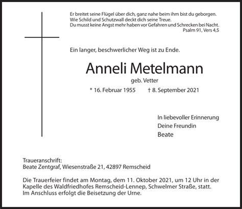 Anneli Metelmann Traueranzeige Remscheider General Anzeiger