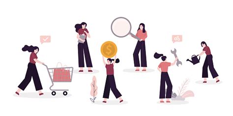 다양한 포즈와 직업을 가진 다양한 비즈니스 여성 비즈니스 도구를 들고 서 있는 사업가의 집합입니다 여성 직원 사용자 근로자 및 고객 사무원의 집결 개념에 대한 스톡 벡터