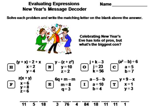Evaluating Algebraic Expressions New Years Math Activity Message