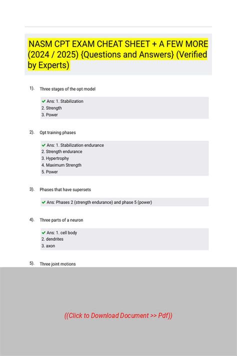 Nasm Cpt Exam Cheat Sheet A Few More 2024 2025 Questions And Answers Verified By Experts
