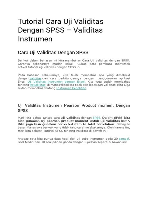 Tutorial Cara Uji Validitas Dan Reliabilitas Dengan Spss Pdf Karier