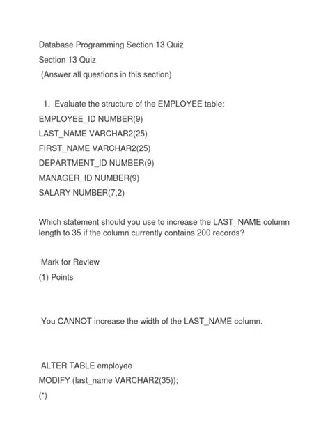 Database Programming Section 13 Quiz Pdf Software Engineering